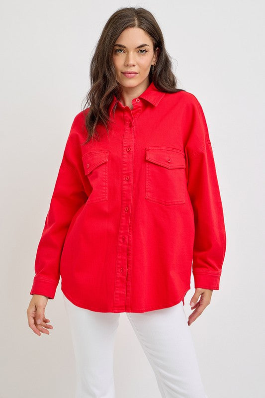 Risen Denim Shacket with Chest Pockets - Red – Paisley Grace Boutique